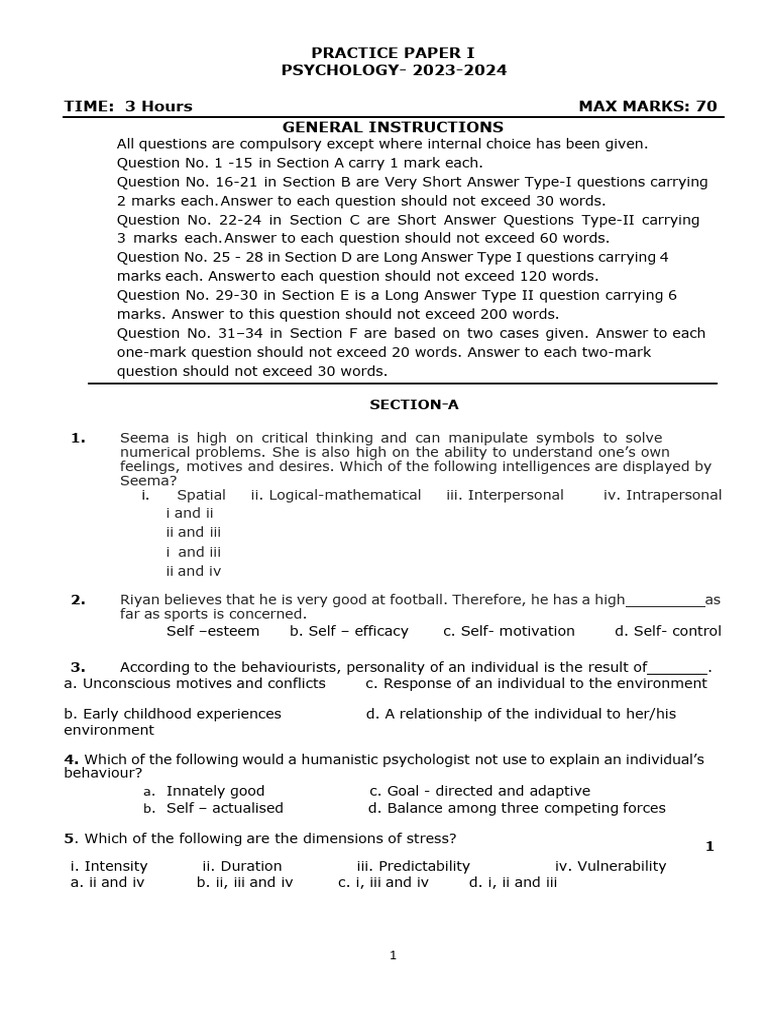Practice paper 1-2024 | PDF | Mental Disorder | Reason