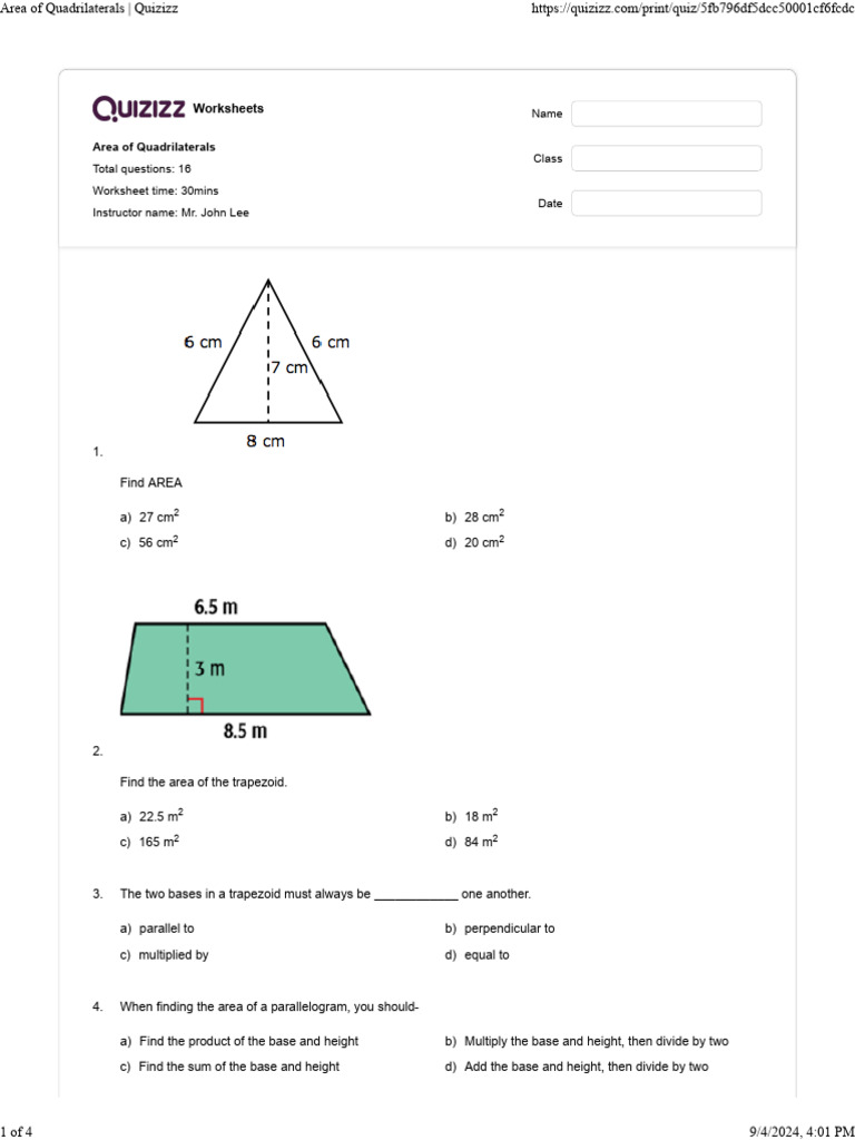 Area of Quadrilaterals _ Quizizz | PDF | Area | Euclid
