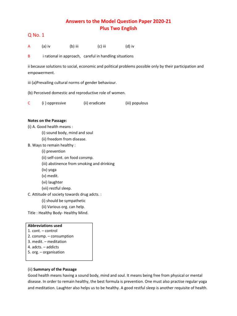 Answers To Model Question Paper 2020 English 12 | PDF | Pollution | Mind