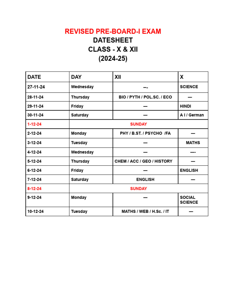 Revised Pre-Board-1 Date sheet Class X-1 | PDF