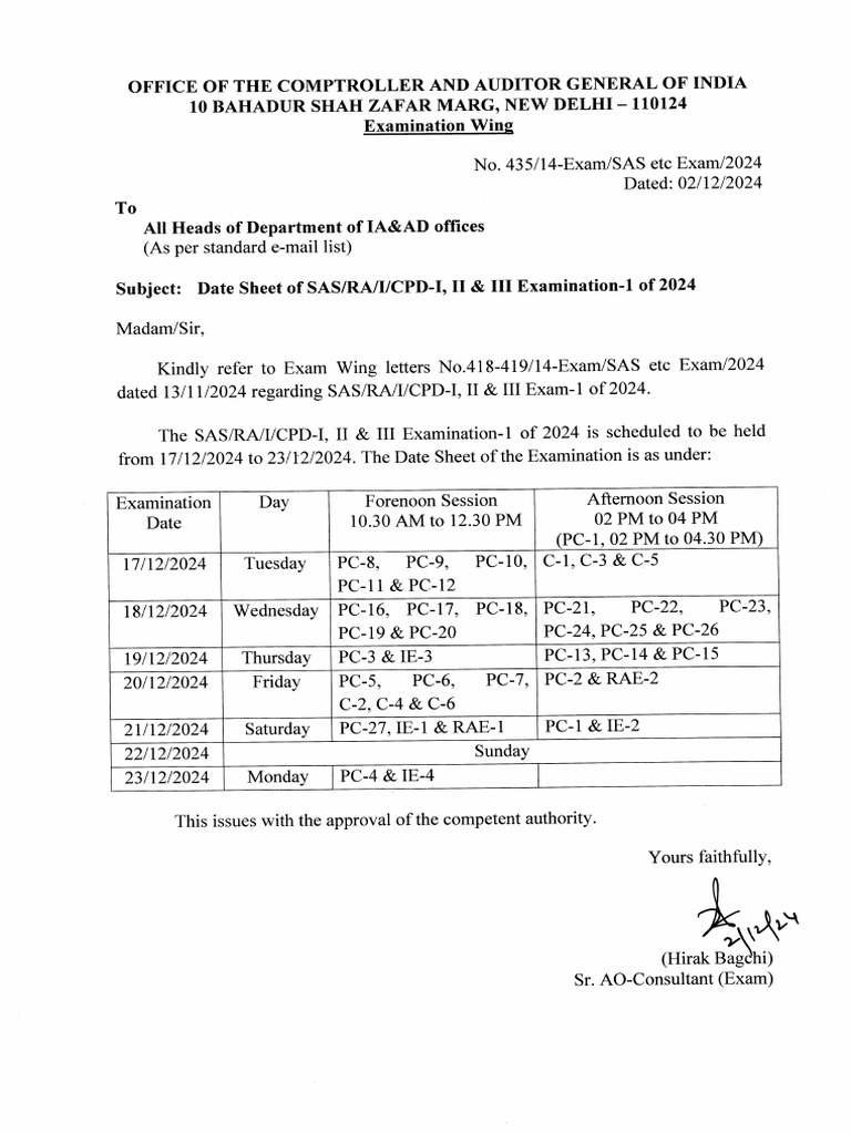 Date Sheet SAS.R.I.CPD Exam-1 of 2024 | PDF