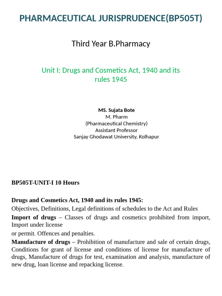 Pharmaceutical Jurisprudence (BP505T) | PDF | License | Drugs