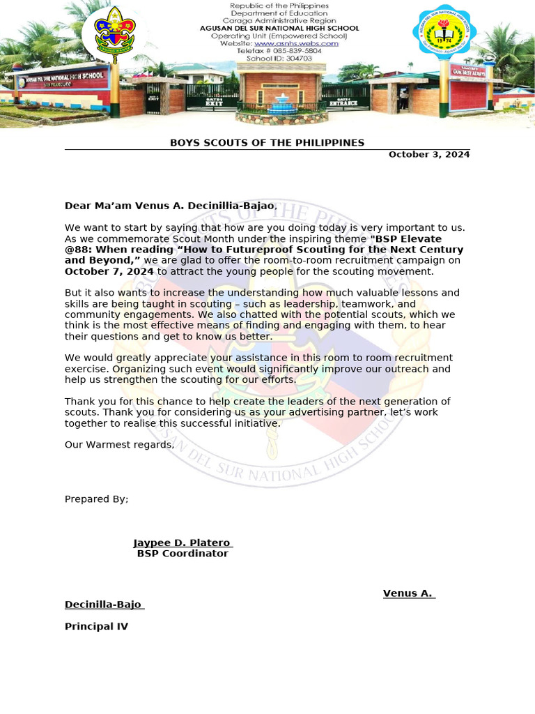 ASNHS BSP Request Letter For Recruitment 2024 | PDF