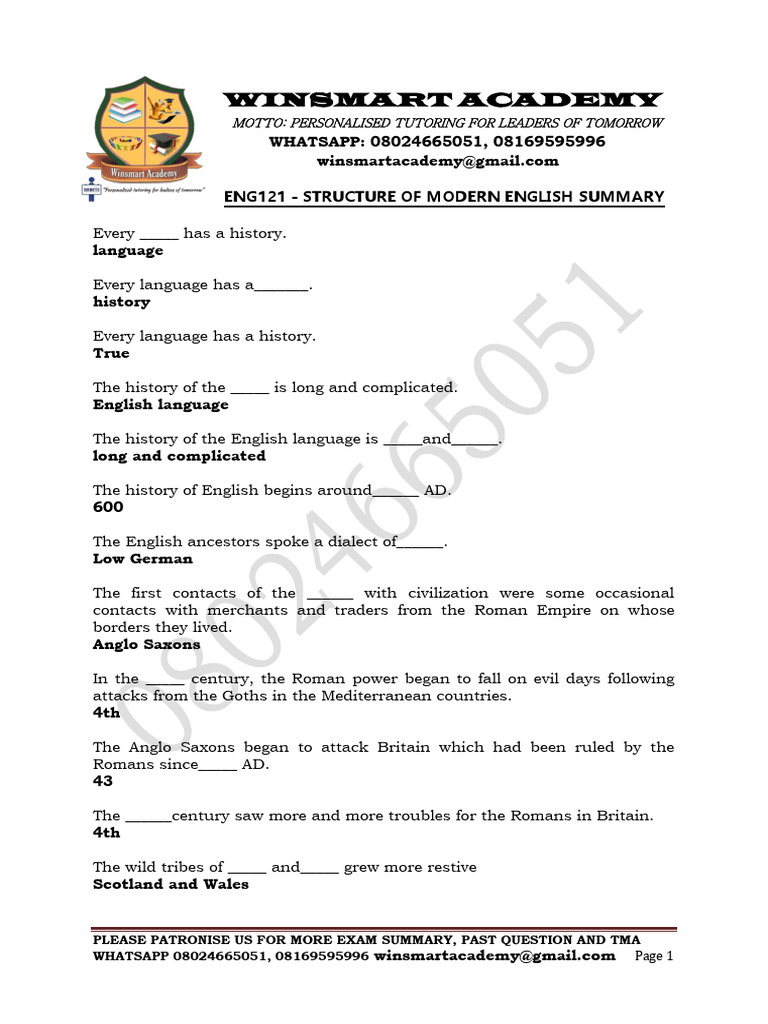 ENG121: Structure of Modern English Summary | PDF | Syllable | Verb