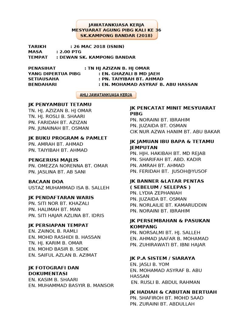 ATURCARA MAJLIS & AJK MAPIBG 18( contoh ajk) | PDF