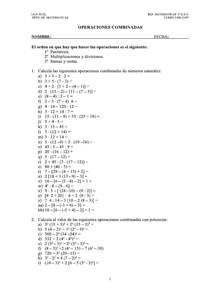 Operaciones Combinadas 1.Eso | PDF