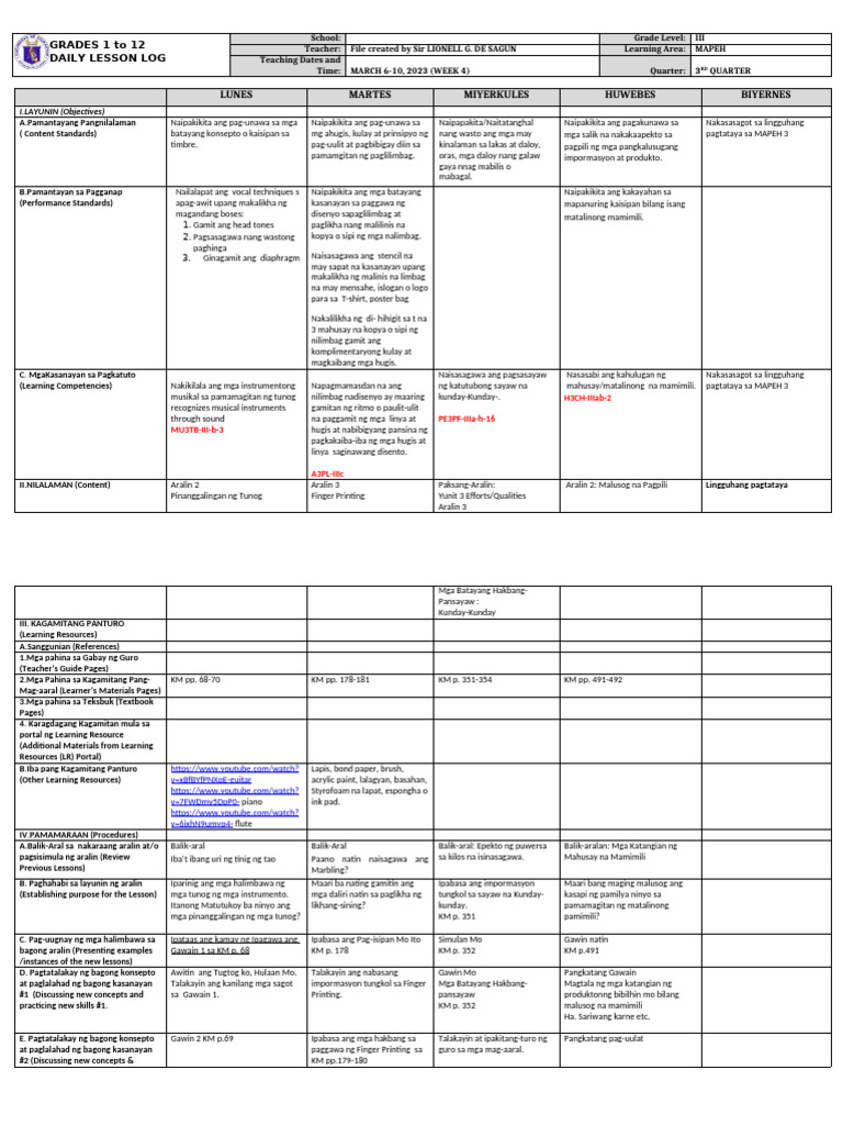 DLL_MAPEH 3_Q3_W4 | PDF