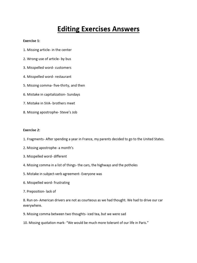 Editing Exercises with Answers | PDF | Grammatical Number | Plural