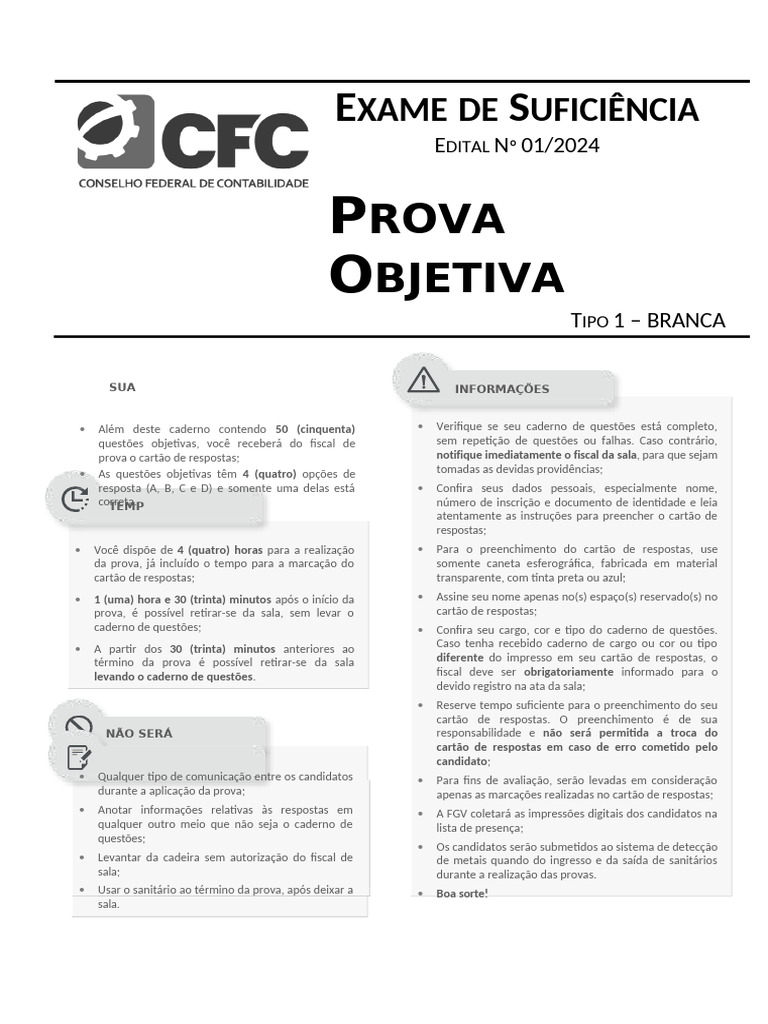 Prova CFC Branca - 2024 | PDF | Contabilidade | Conformidade regulatória