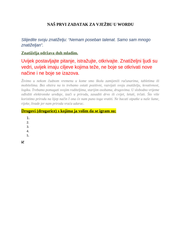 Prvi Zadatak u Wordu 6 Raz | PDF