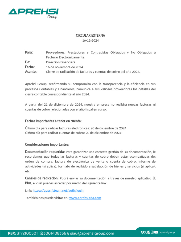 Circular Externa Recepcion de Facturas | PDF | Contabilidad | Industrias de servicio