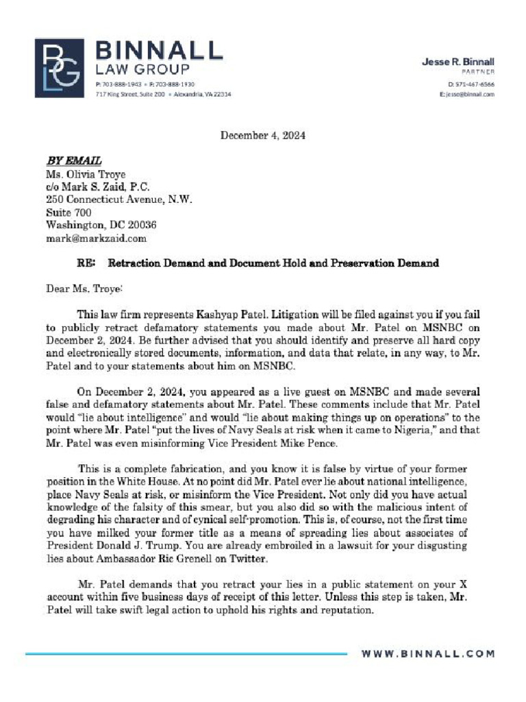 12-05-2024 - Kash Patel Notice of Retraction Defamation Claim Against ...