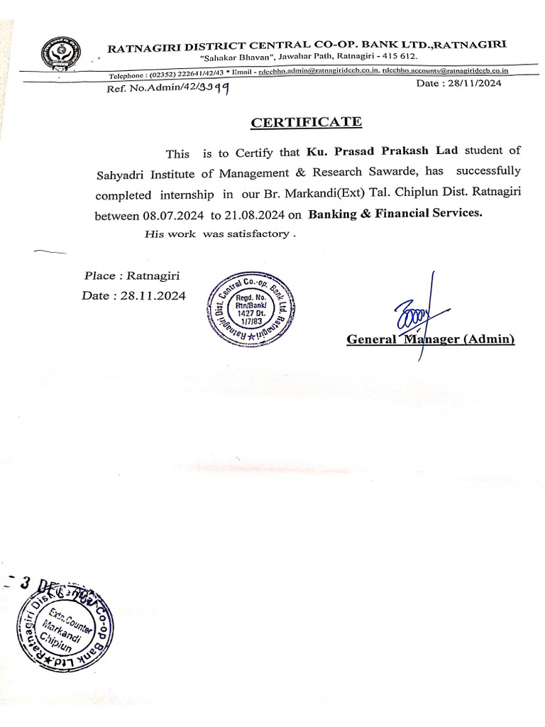 Rdcc Bank Internship Certificate | PDF