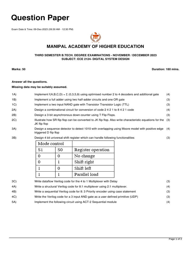 DSD_End-Sem_QP-MS_2023 | PDF | Logic Gate | Electronic Circuits