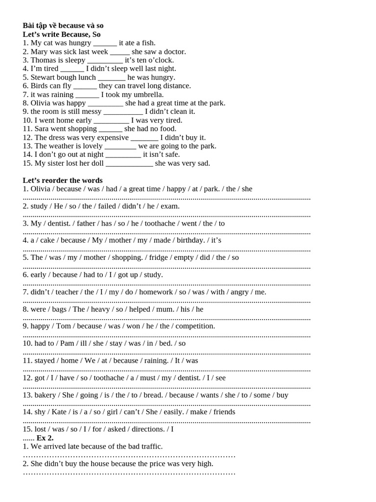 Exercises on Using Because and So | PDF