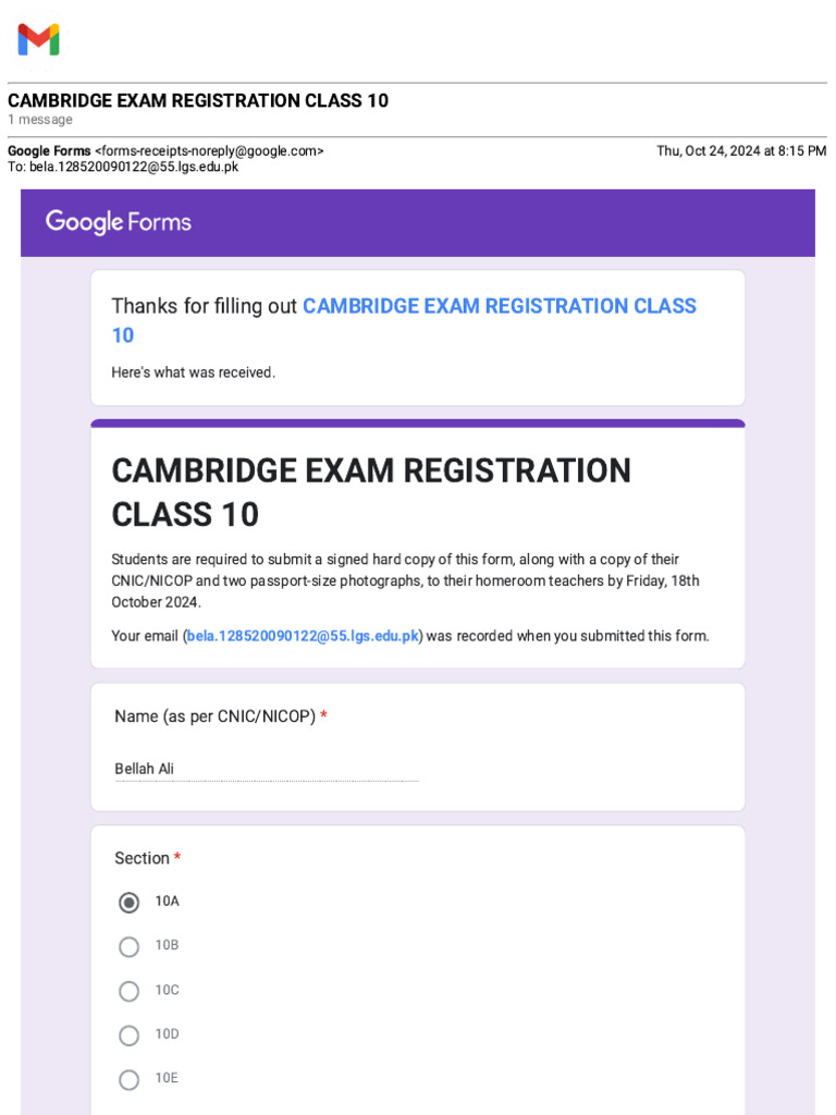 Gmail - CAMBRIDGE EXAM REGISTRATION CLASS 10 | PDF