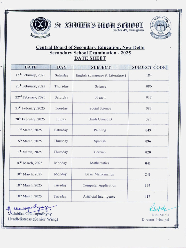 X DateSheet CBSE (1) | PDF