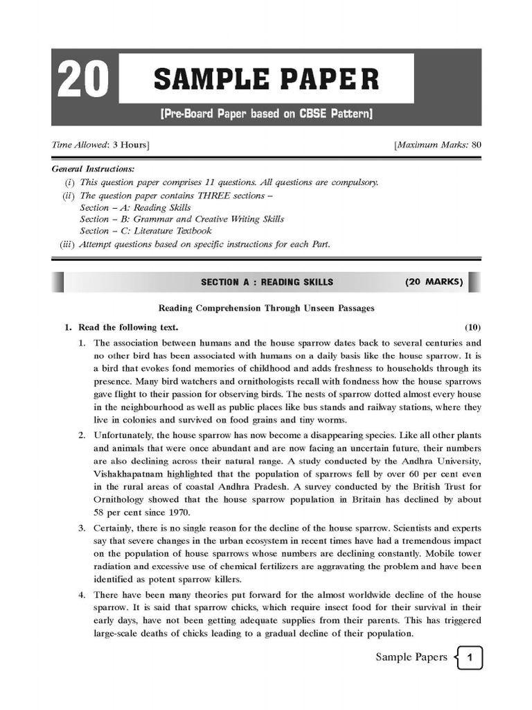 Cbse cl10 Ead English LLR Pre-Board Paper 20 | PDF