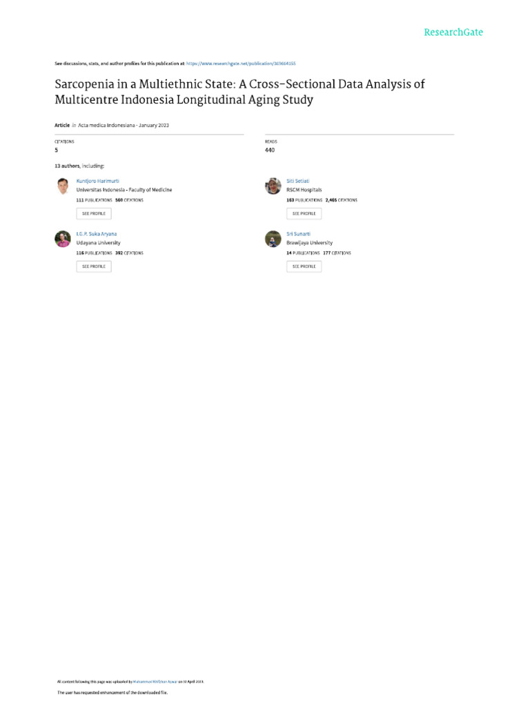 Sarcopenia in A Multiethnic State A Cross-Sectional Data - Di Indo | PDF | Old Age | Medical ...