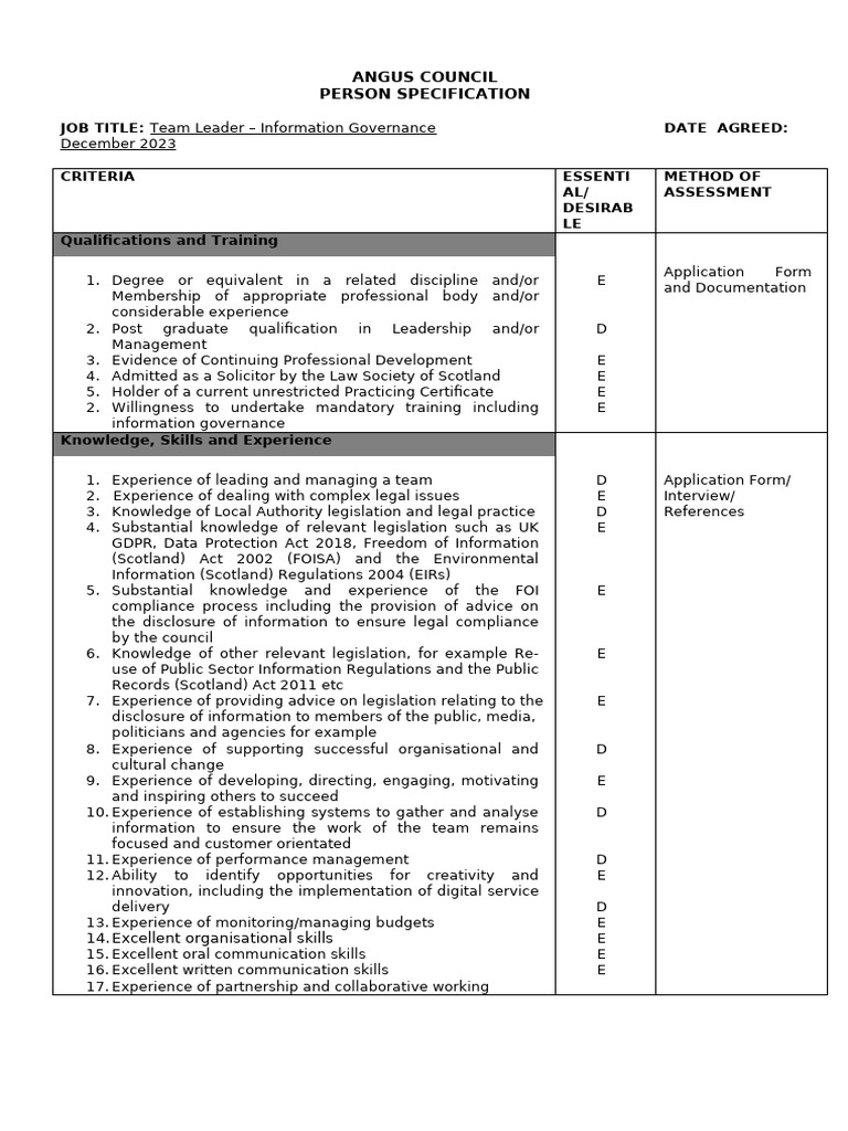 Team Leader Legal - Information Governance PS | PDF | Information ...