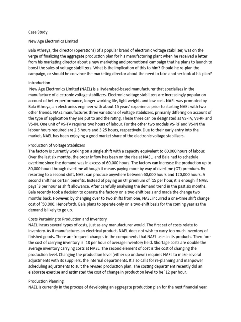 Case Study - New Age Electronics Limited | PDF | Overtime | Inventory