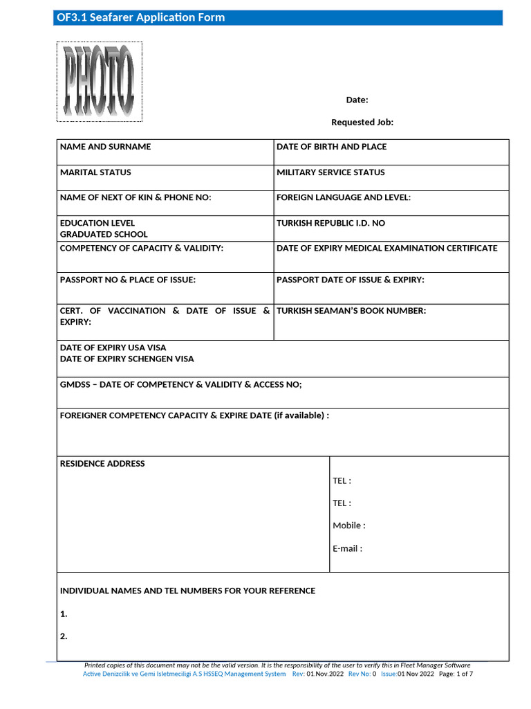 Seafarer Application Form Overview | PDF | Sailor | Shipping