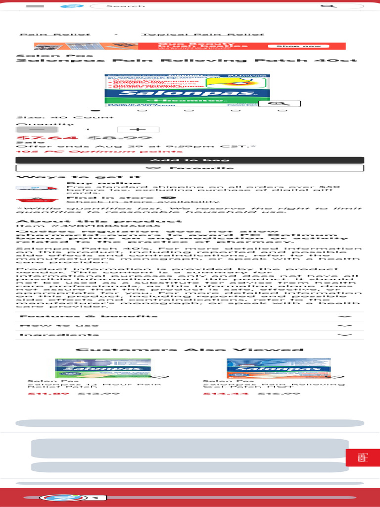 Salon Pas Salonpas Pain Relieving Patch 40ct Shoppers Drug Mart | PDF
