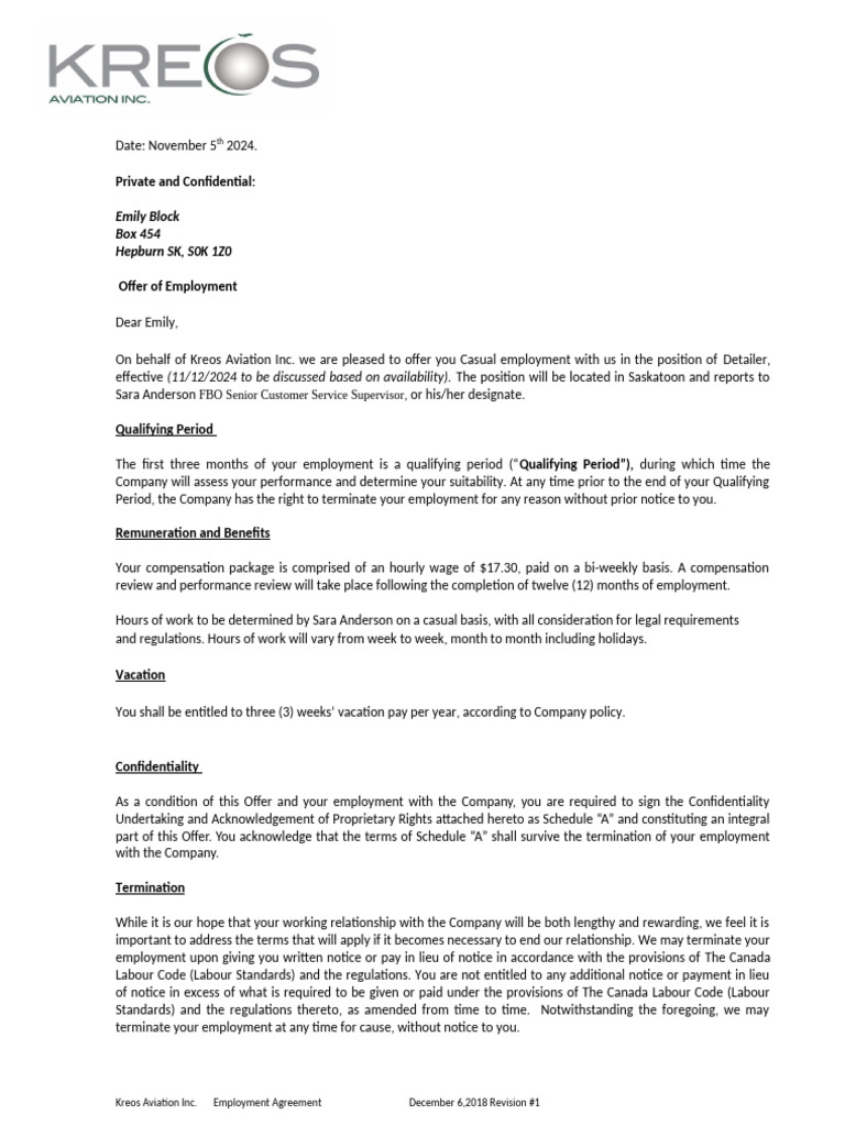 Casual or Part Time Offer Letter Template | PDF | Employment | Labour Law