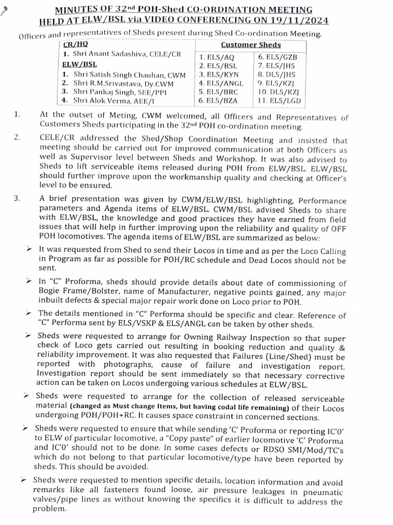 Minutes of 32nd POH-Shed Co-Ordination Meeting 19.12.2024 | PDF ...