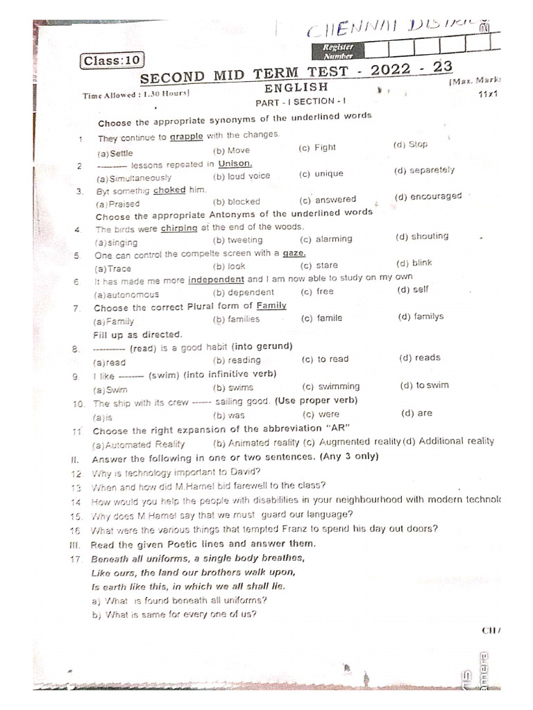 10th English 2nd Mid Term Exam Model Question Paper 2022 2023 Chennai ... 10th English 2nd Mid Term Exam Model Question Paper 2022 2023 Chennai ...