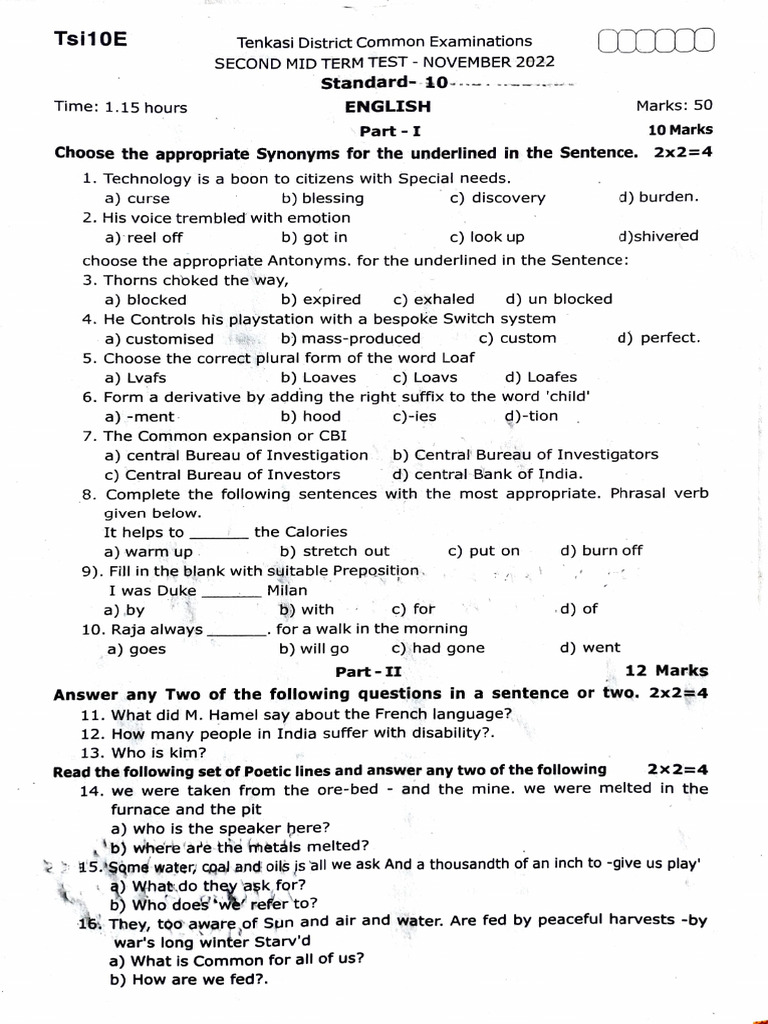 10th English 2nd Mid Term Exam 2022 Original Question Paper Thenkasi District English Medium PDF ...