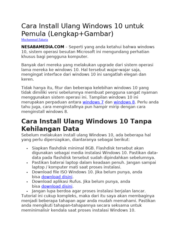 Cara Install Ulang Windows 10 Untuk Pemula | PDF
