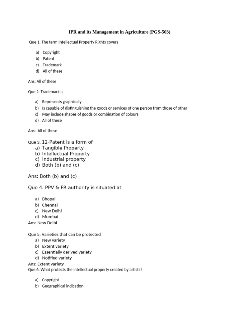 MCQs IPR and Its Management in Agriculture (PGS 503) | PDF ...