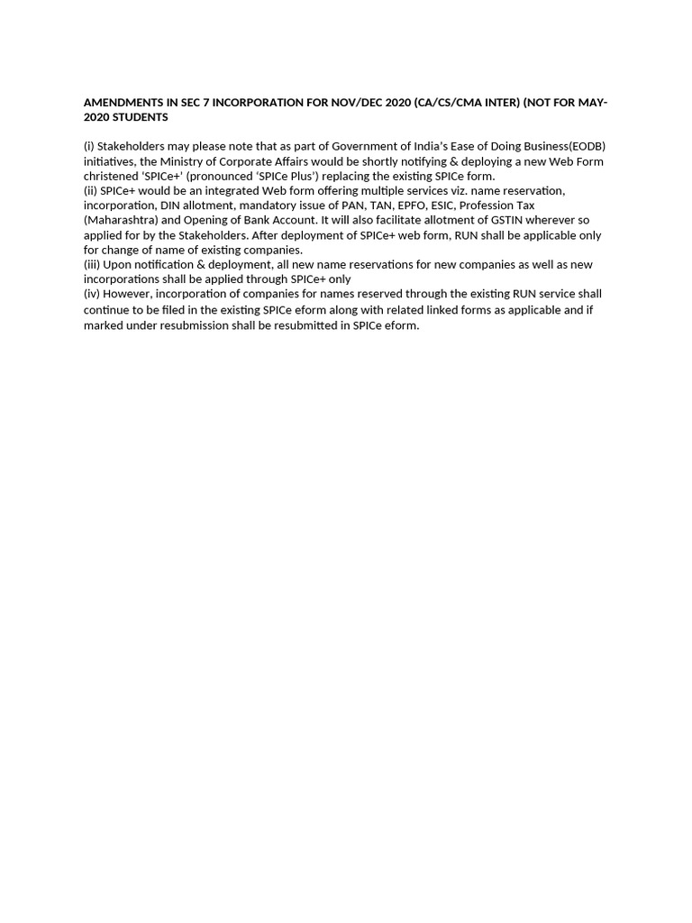 SPICe+ Web Form Changes for Incorporation | PDF