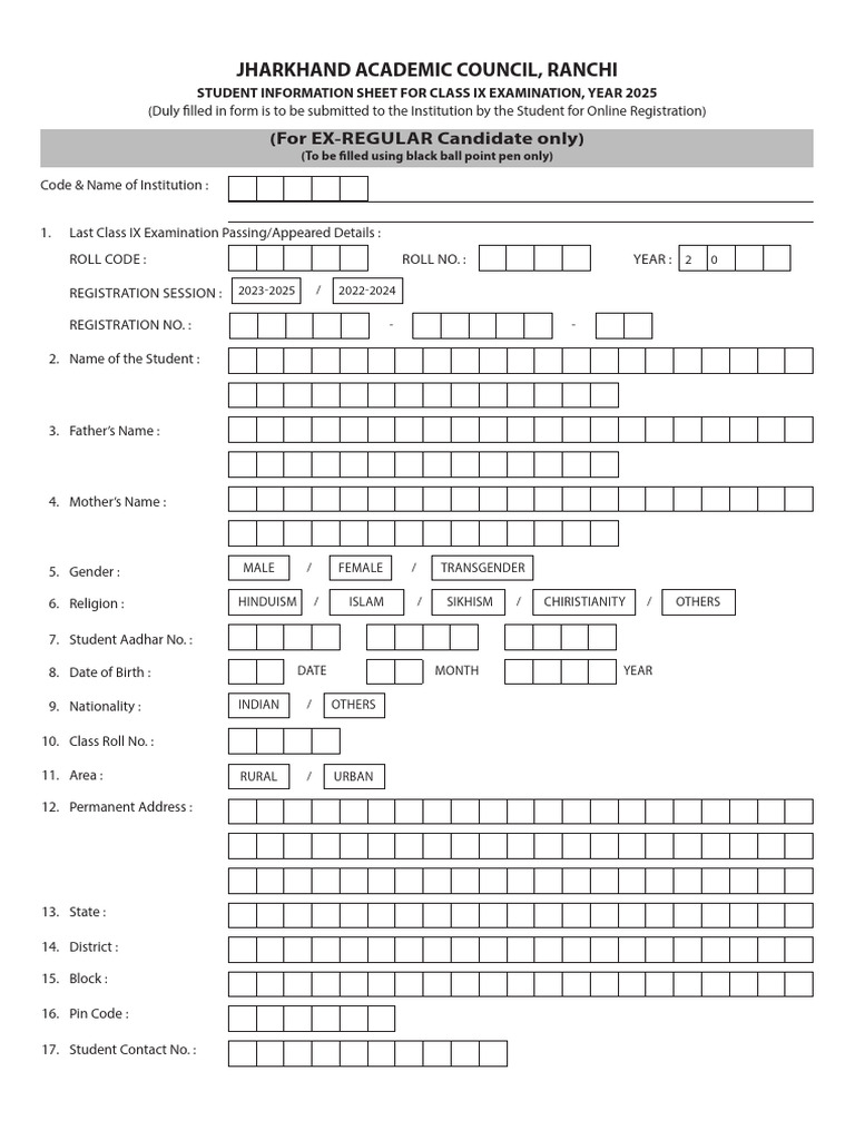 JAC Class IX Student Information Sheet Ex-Regular V6 | PDF