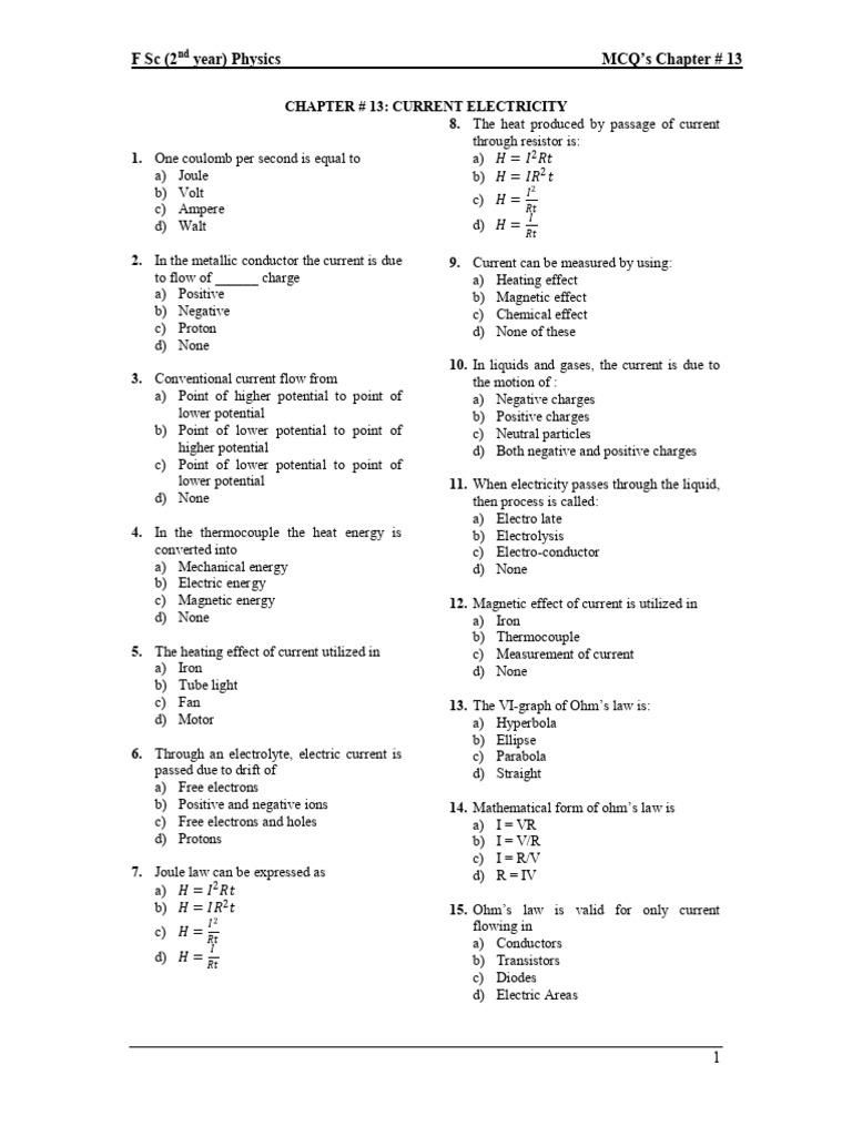 Physcics 2,3 Chptr Mcqs | PDF | Electric Current | Electrical Resistance And Conductance