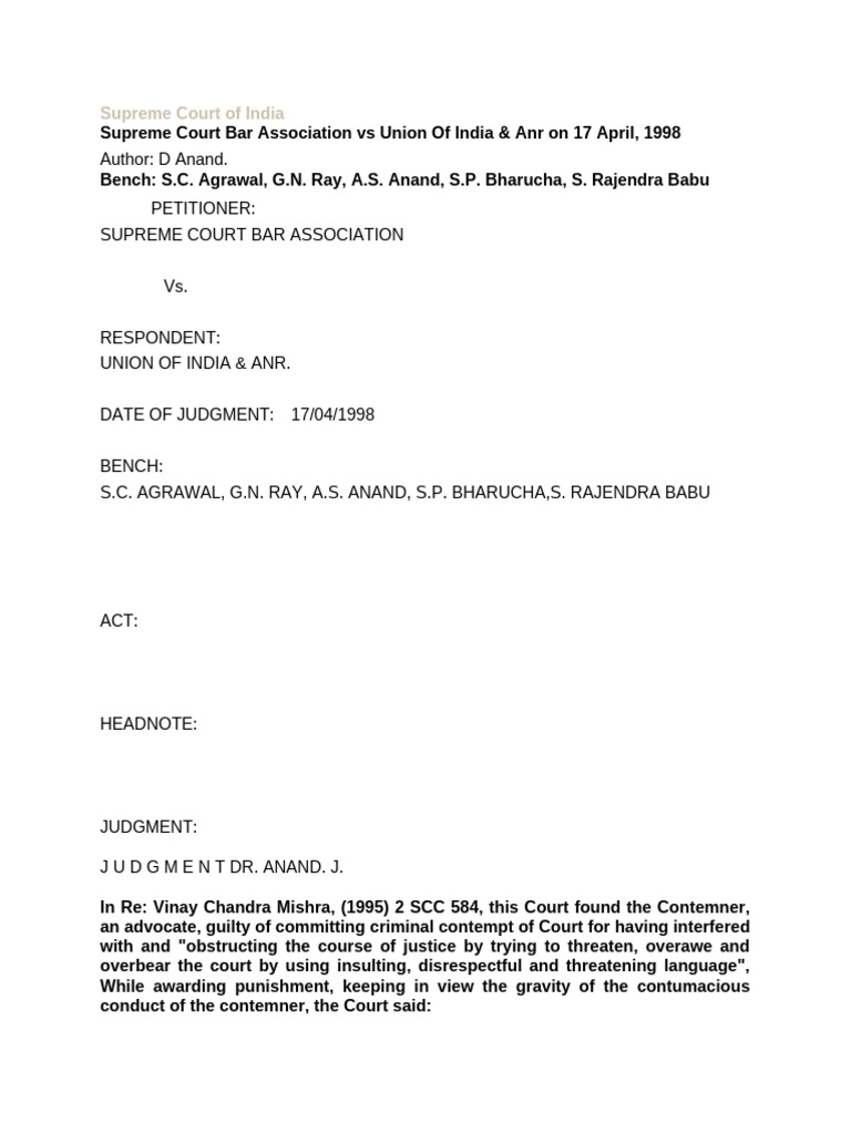 Supreme Court Bar Assn vs Union of India | PDF | Contempt Of Court ...