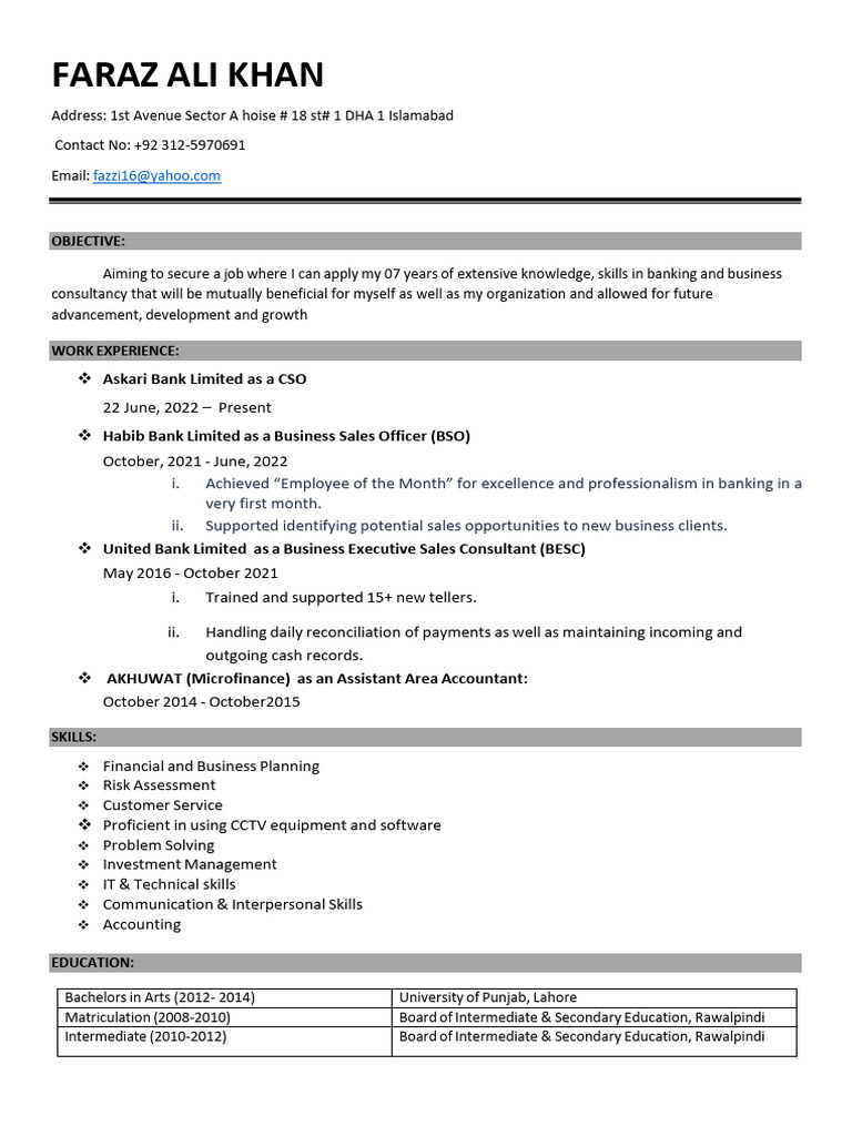 Faraz Ali Khan: Banking & Consultancy CV | PDF