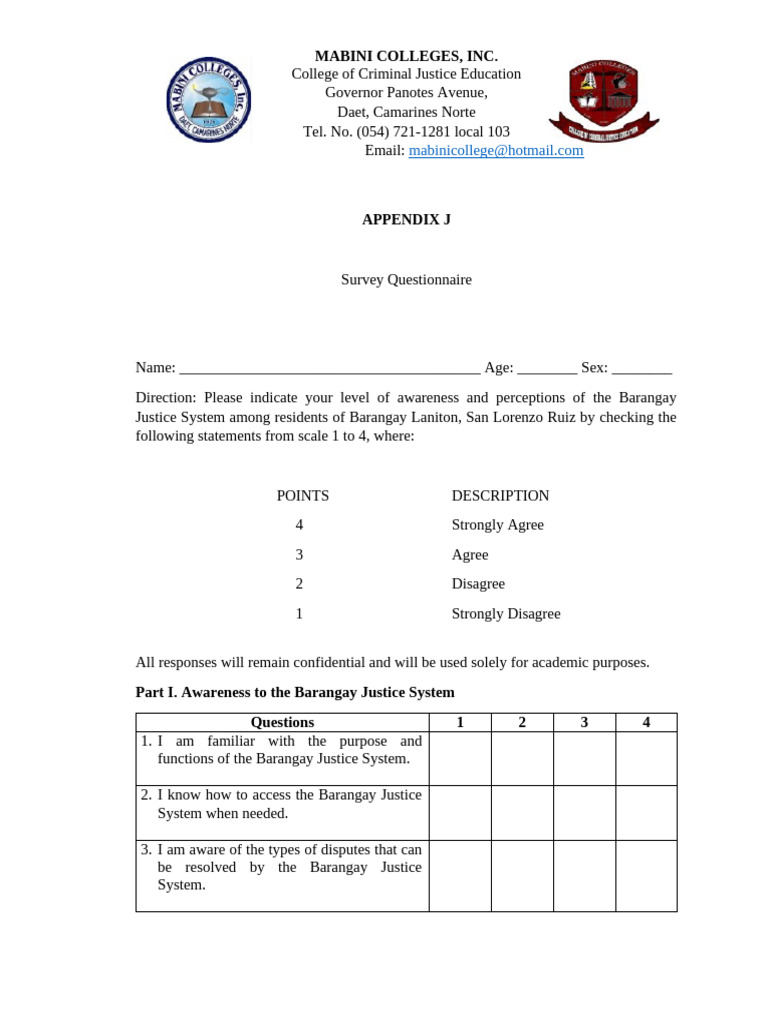SURVEY QUESTIONNAIRE (APPENDIX J) | PDF | Justice | Crime & Violence