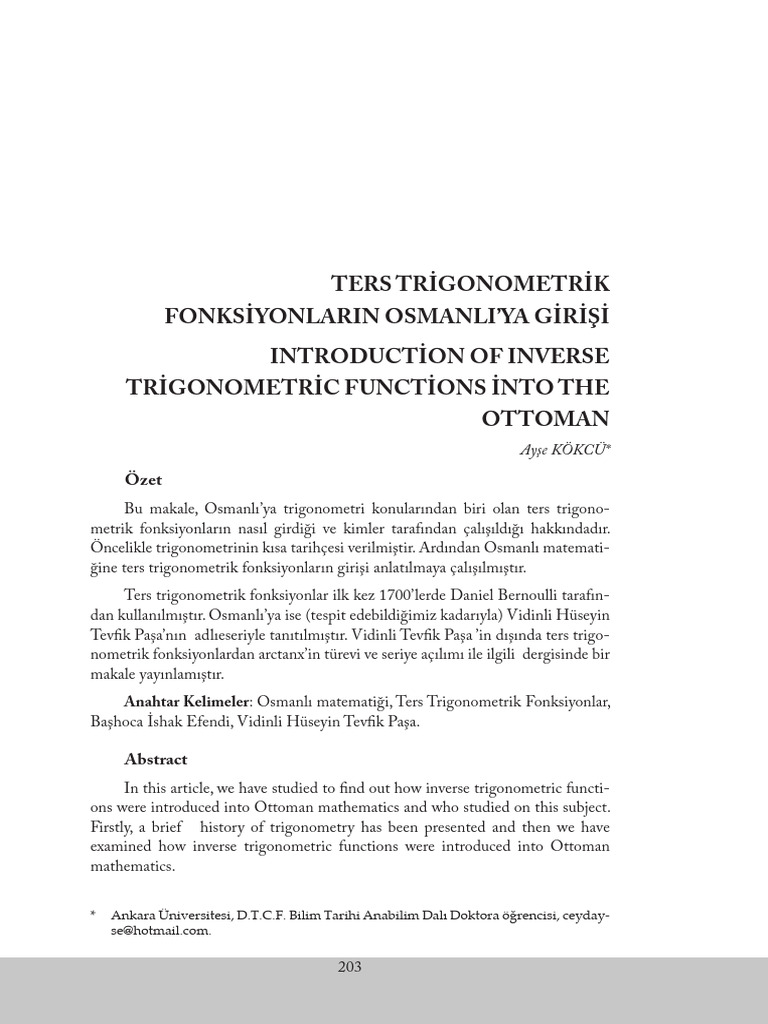 Ters Tri̇gonometri̇k Fonksi̇yonlarin Osmanli'ya Gi̇ri̇şi̇ | PDF