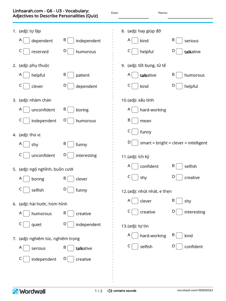 Personality Adjectives Quiz | PDF