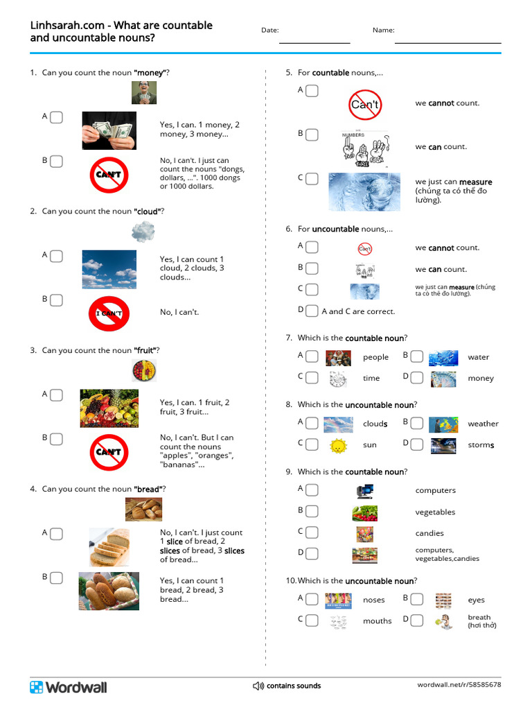 Countable vs Uncountable Nouns Quiz | PDF | Linguistics | Morphology