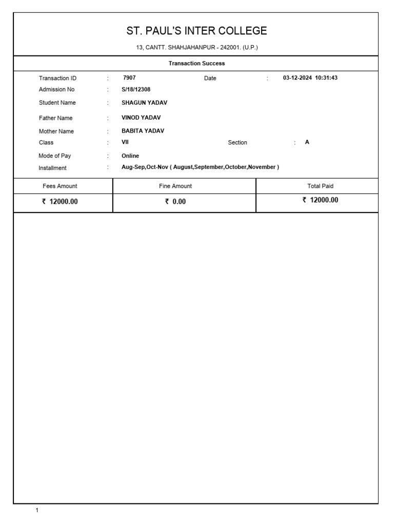 St. Paul'S Inter College: 13, CANTT. SHAHJAHANPUR - 242001. (U.P.) | PDF