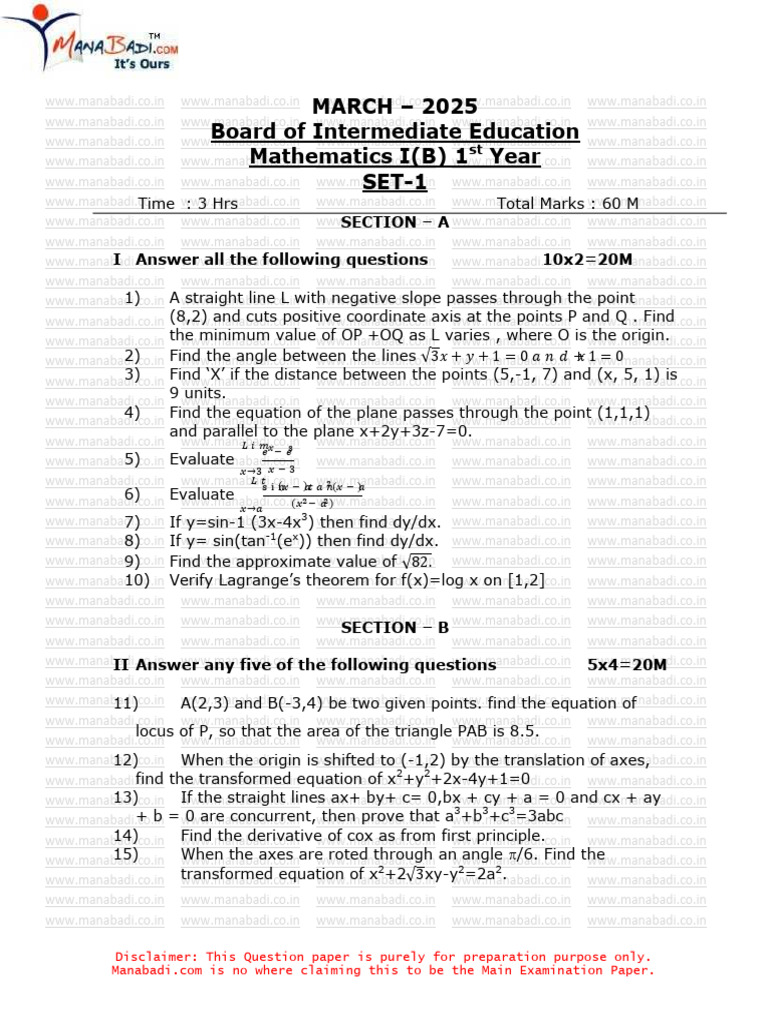 Inter 1st Year Maths IB (EM) 2025 Guess Paper-1 | PDF | Tangent | Slope