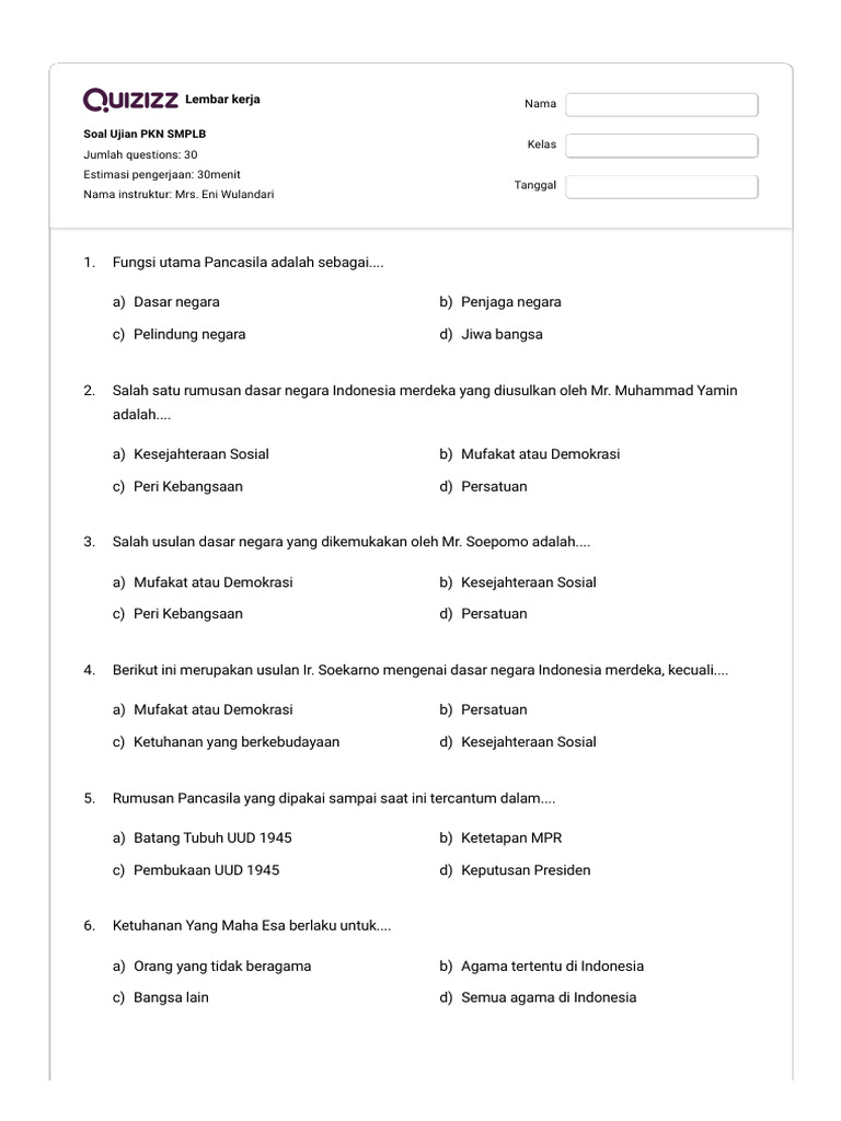 Soal Ujian PKN SMPLB - Quizizz | PDF