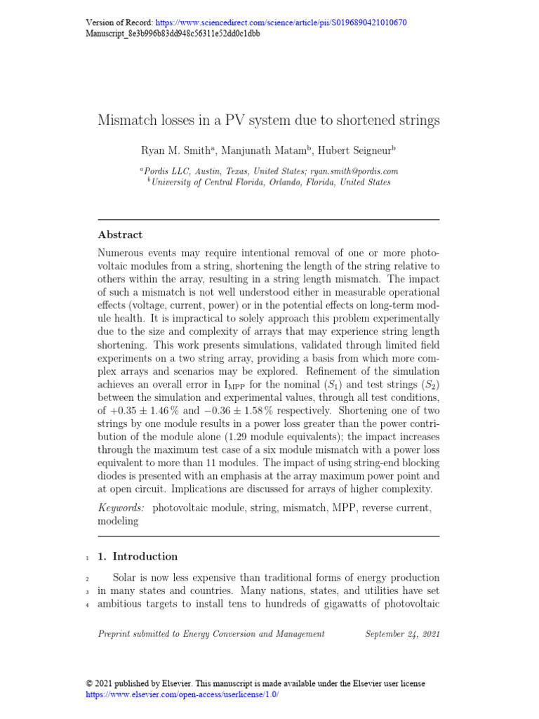 Mismatch Losses in A PV System Due To Shortened Strings: Version of ...