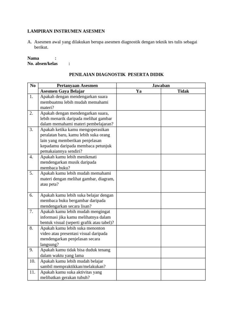LAMPIRAN INSTRUMEN ASESMEN DIAGNOSTIK | PDF