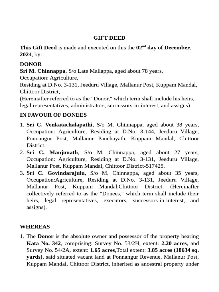 Gift Deed for 3.85 Acres Land | PDF | Property | Law And Economics