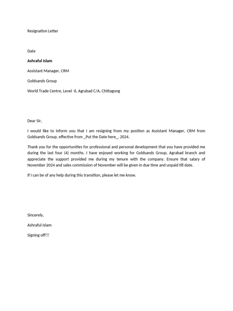Assistant Manager Resignation | PDF