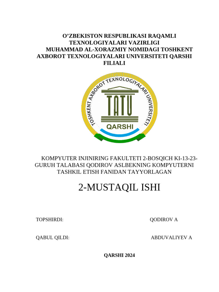 Qodirov Aslbek 2-mustaqil ish KET | PDF